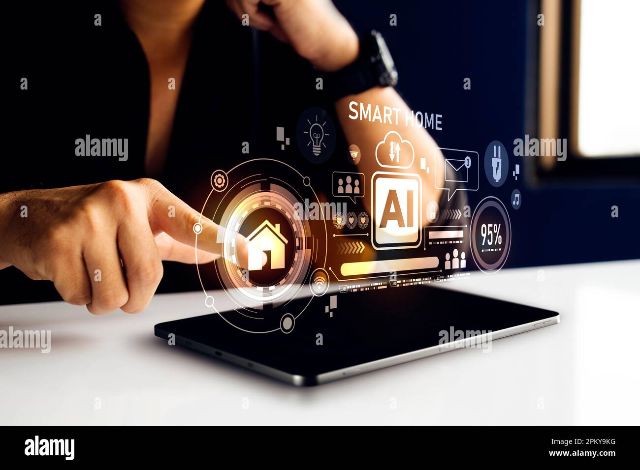 Smart home system and Artificial intelligence concept. hologram digital ...