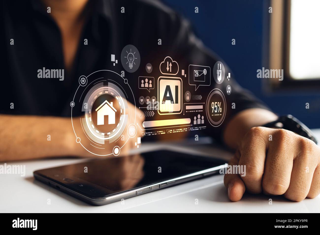 Smart home system and Artificial intelligence concept. hologram digital ...