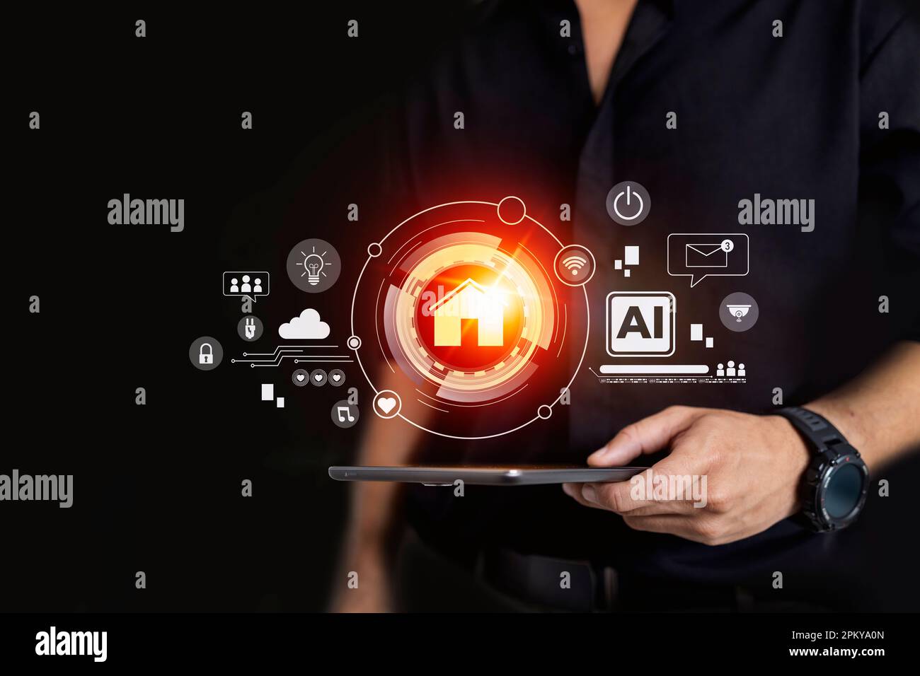 Smart home system and Artificial intelligence concept. hologram digital ... Smart home system and Artificial intelligence concept. hologram digital ...