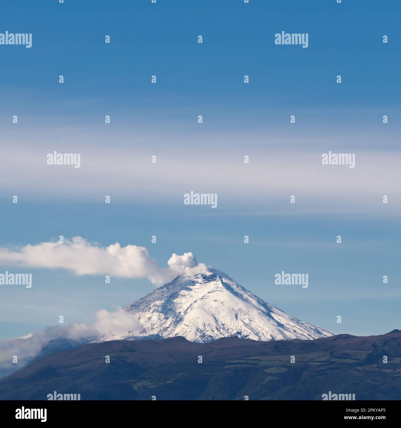 Cotopaxi volcano with volcanic explosion eruption and ash smoke cloud ...