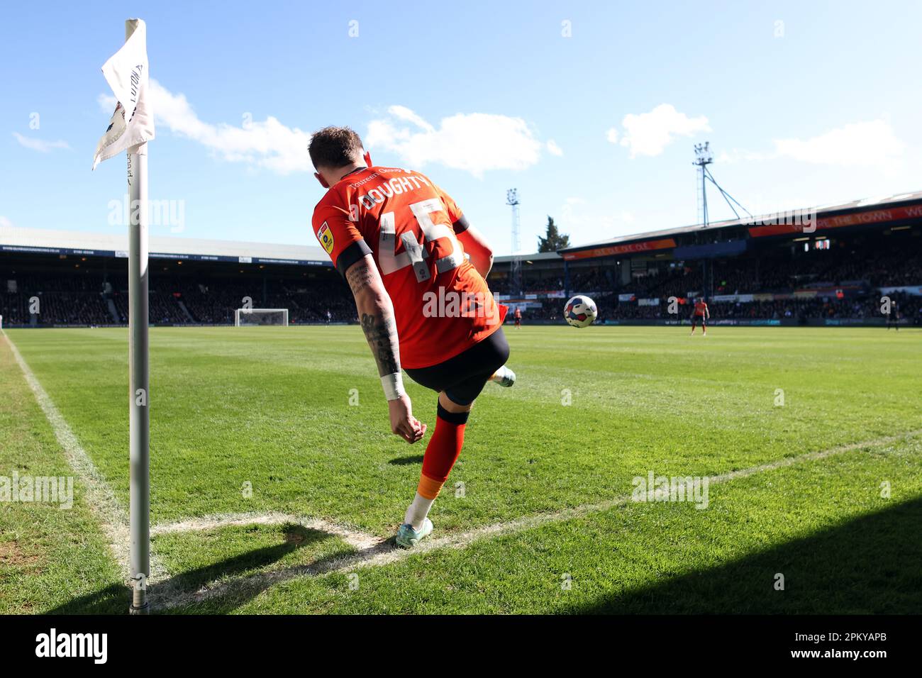 Luton Town's Alfie Doughty takes a corner during the Sky Bet ...