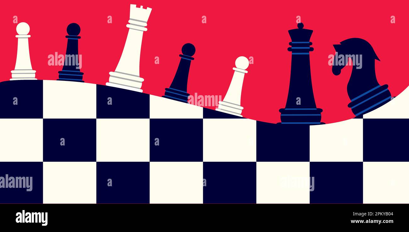 Chess pieces on a chessboard in a creative style on a red background ...