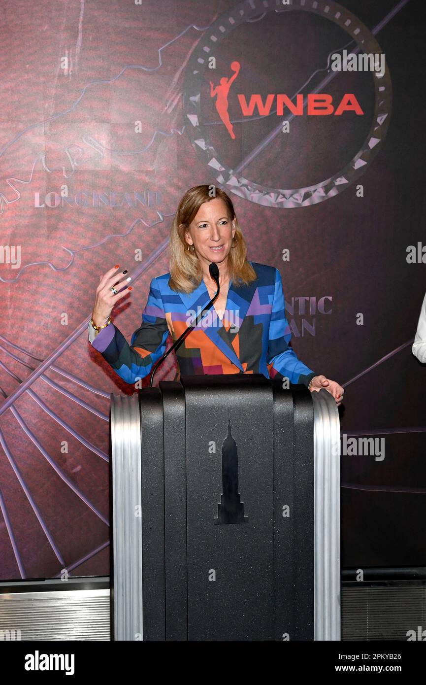 New York, USA. 10th Apr, 2023. WNBA Commissioner Cathy Engelbert visits ...