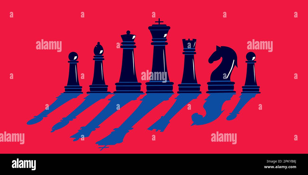 Silhouettes of chess pieces on a red background with long shadows in a ...