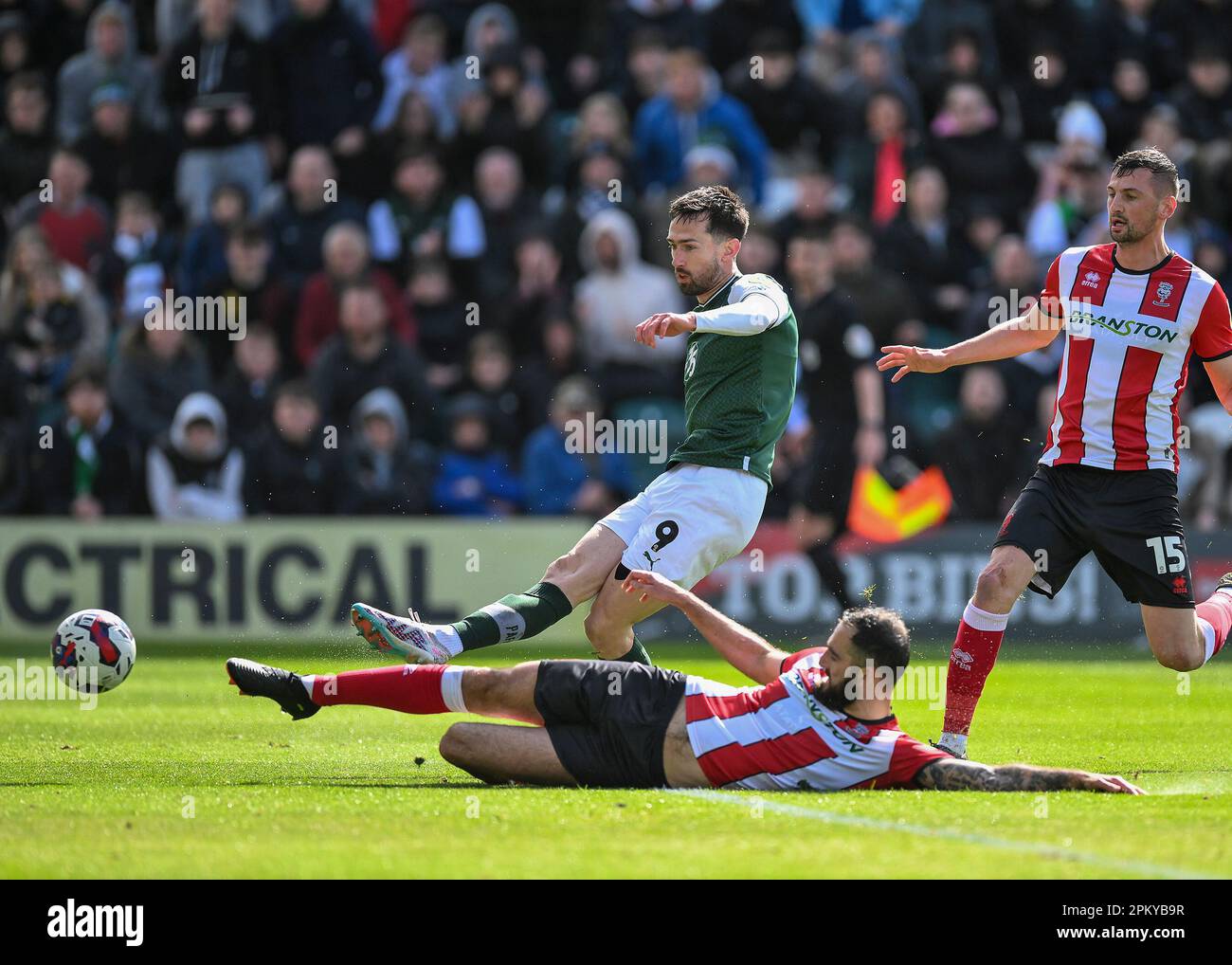 Ryan Hardie #9 of Plymouth Argyle takes a shoot and misses the target during the Sky Bet League ...