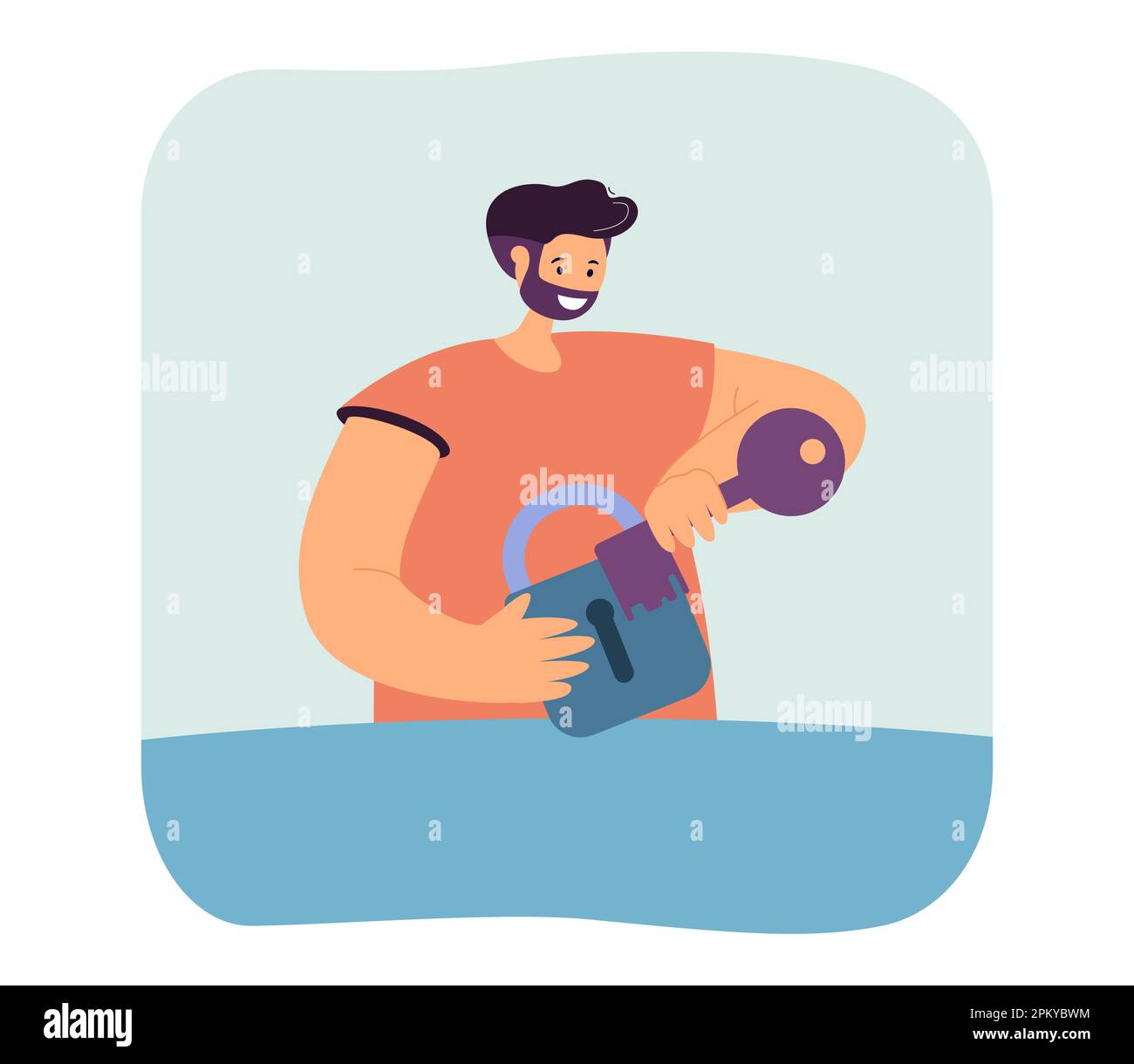 Happy cartoon man opening big lock with key Stock Vector Image & Art ...
