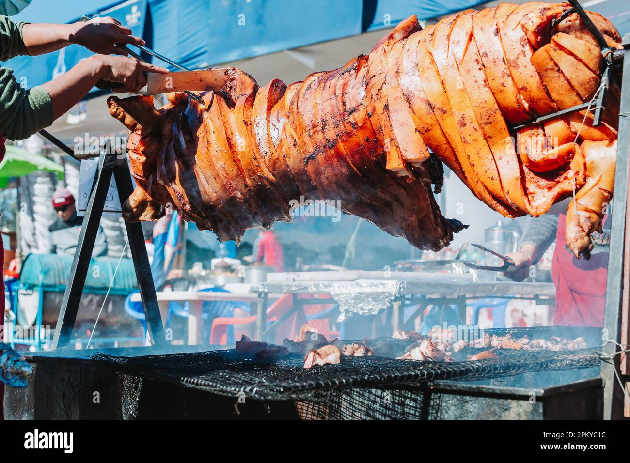 Whole Pork barbeque on a charcoal grill outdoor Stock Photo - Alamy