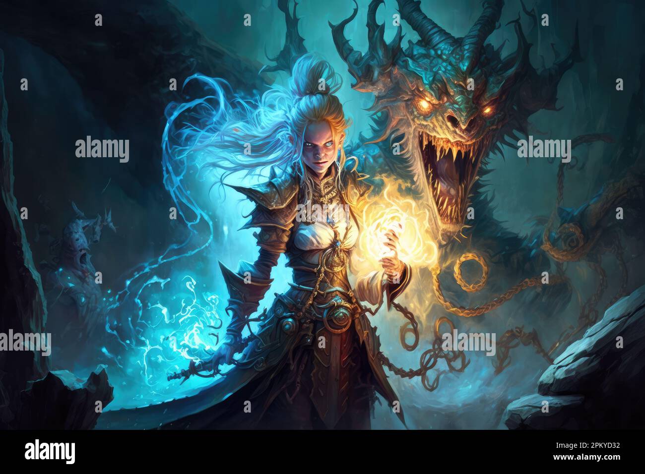 Sorcerer magic battle casting spell against demon. distinct generative ...