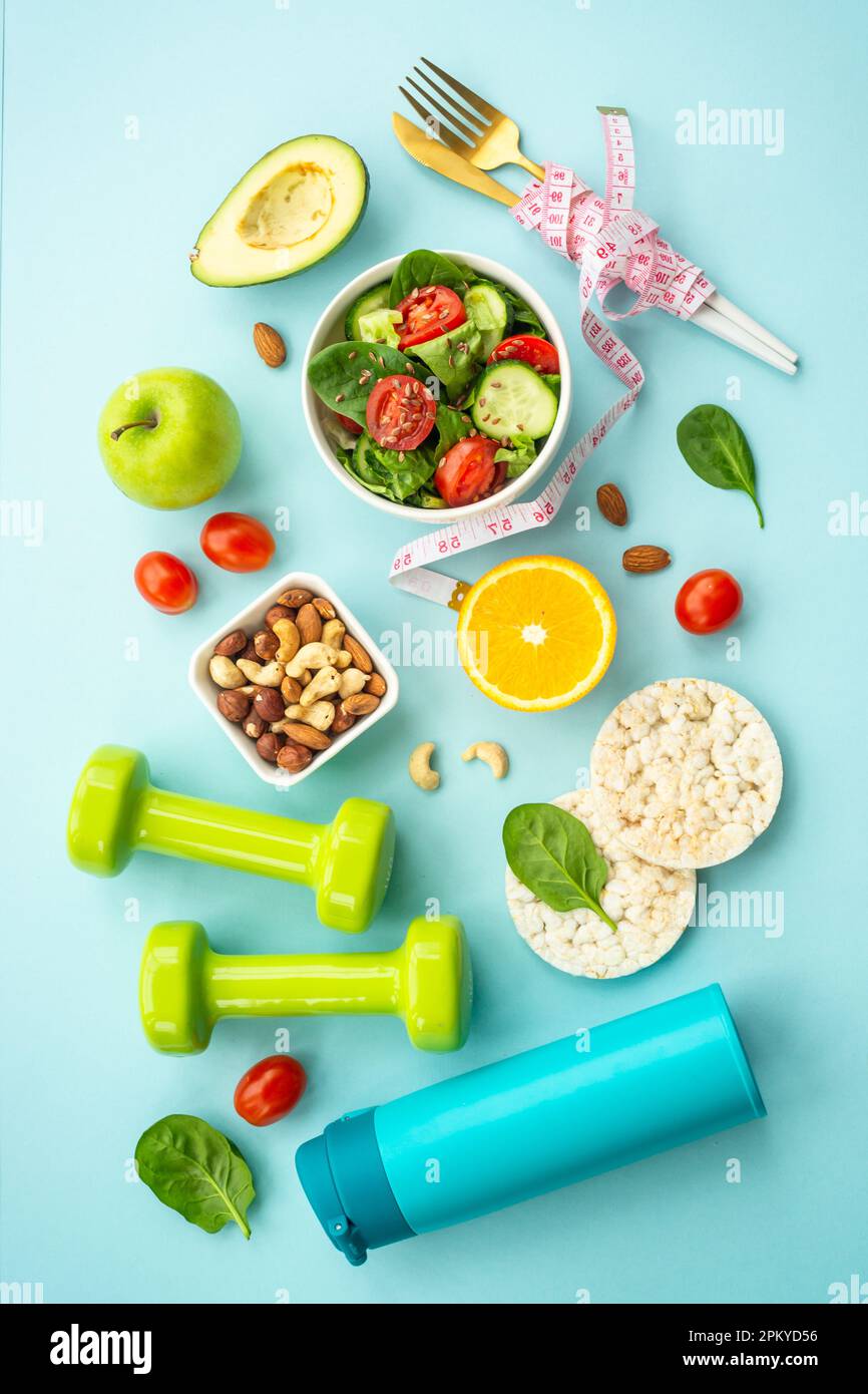 Diet food, healthy lifestyle and fitness background on blue Stock Photo ...