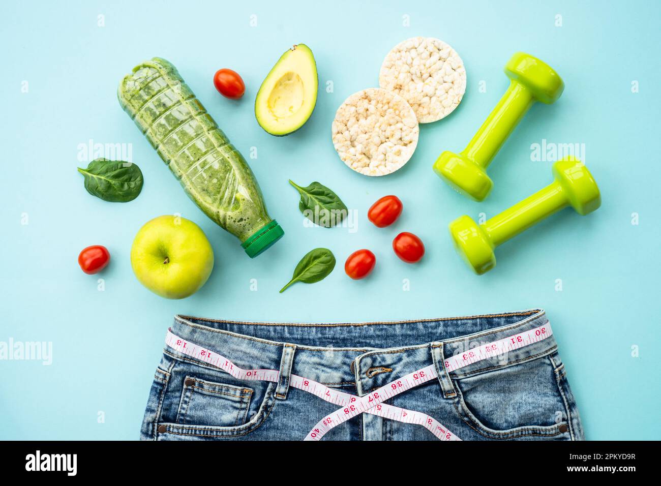 Diet food, healthy lifestyle and fitness background on blue Stock Photo ...