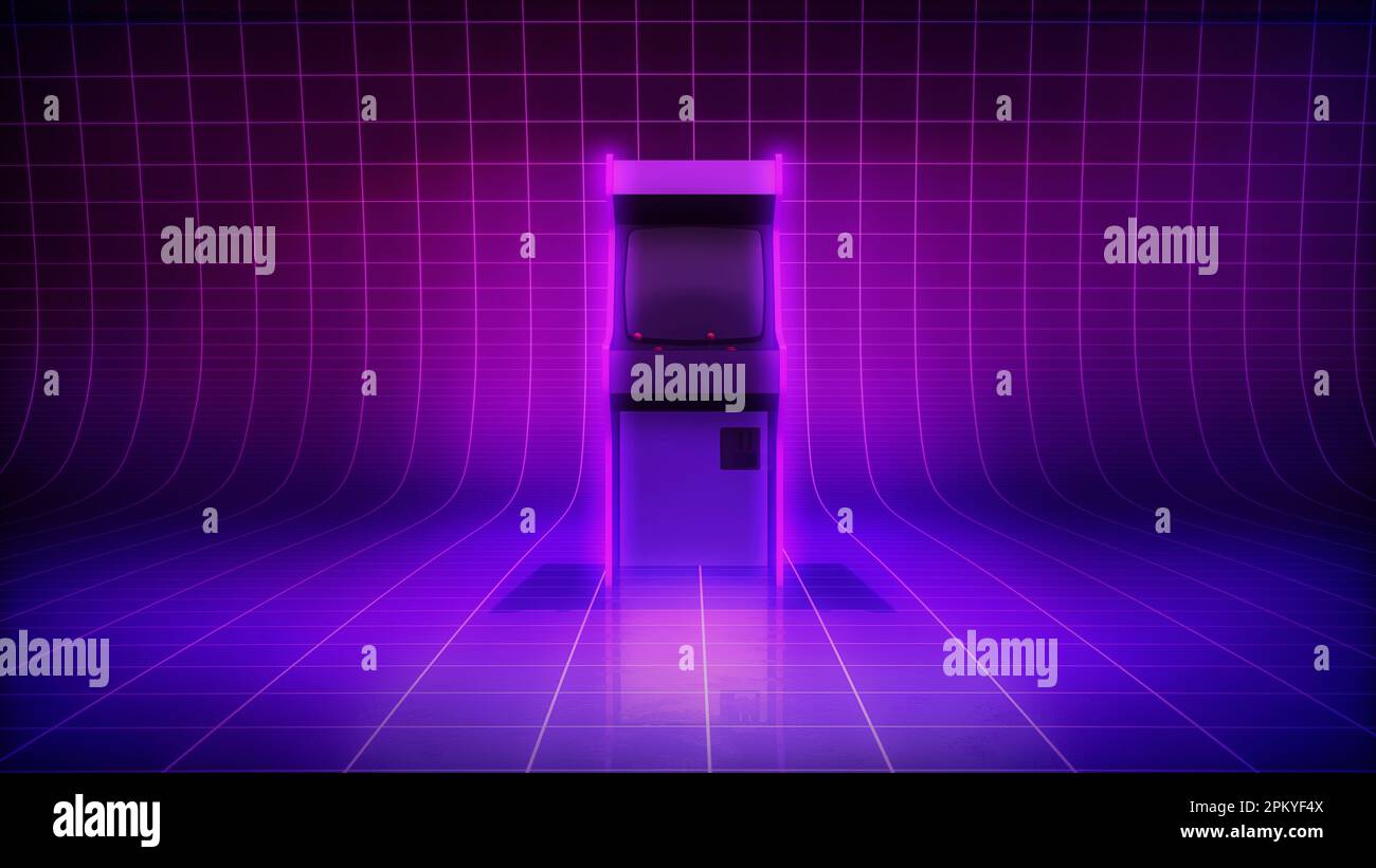 Retro arcade gaming, 3D rendering template. Wide shot of an old style ...