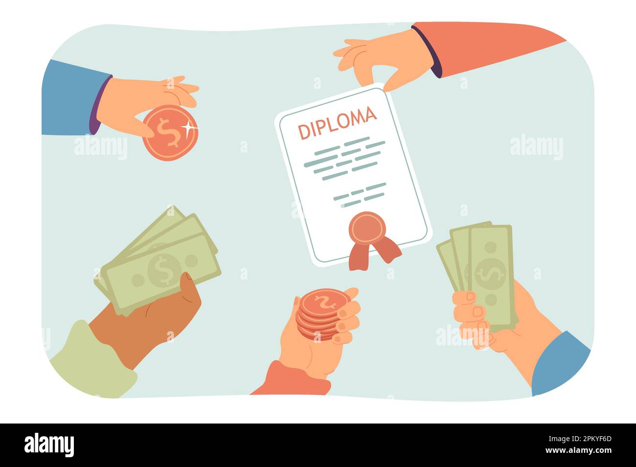 Diploma surrounded by hands with money flat vector illustration Stock ...