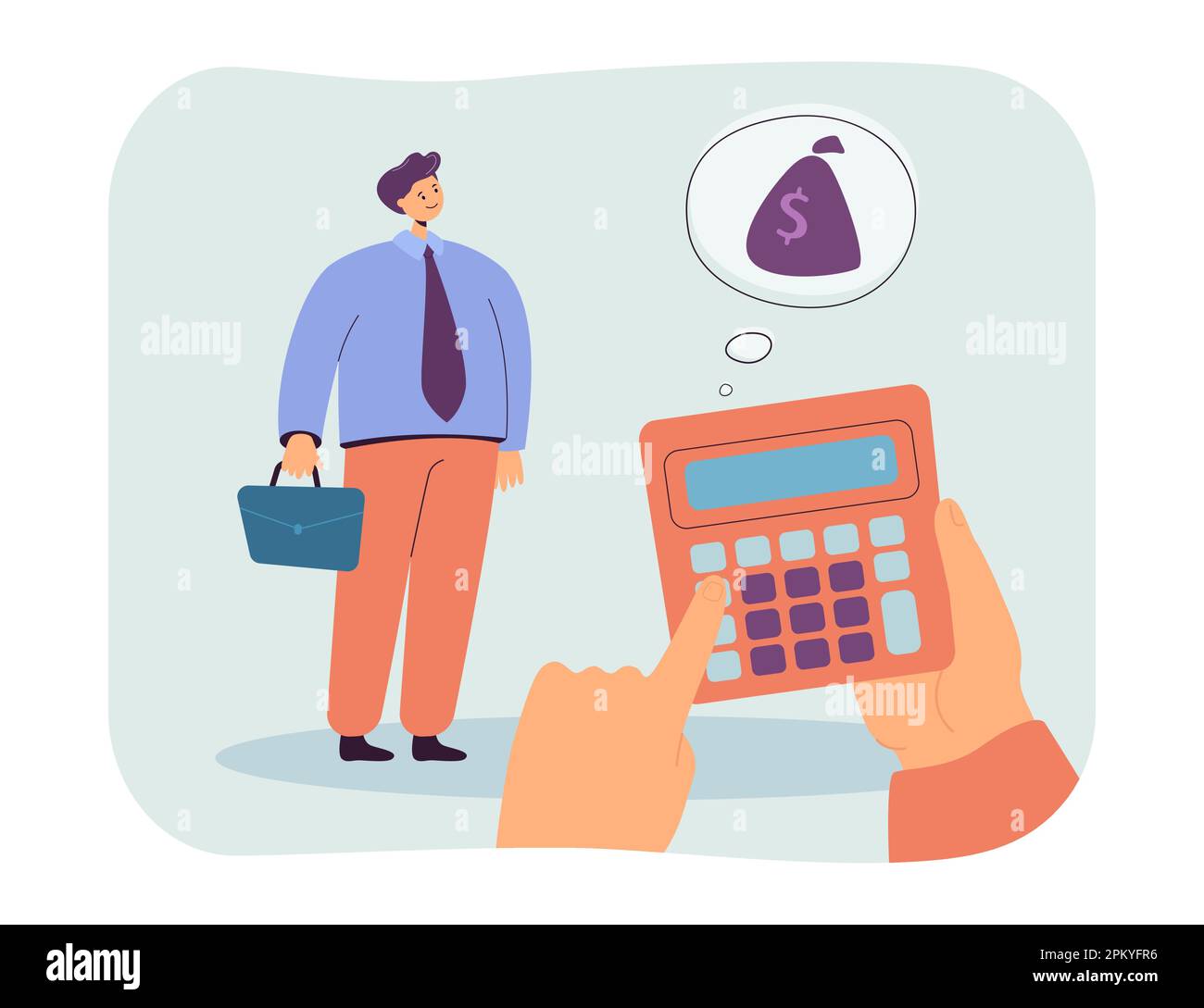 Happy office worker and hands counting money on calculator Stock Vector ...