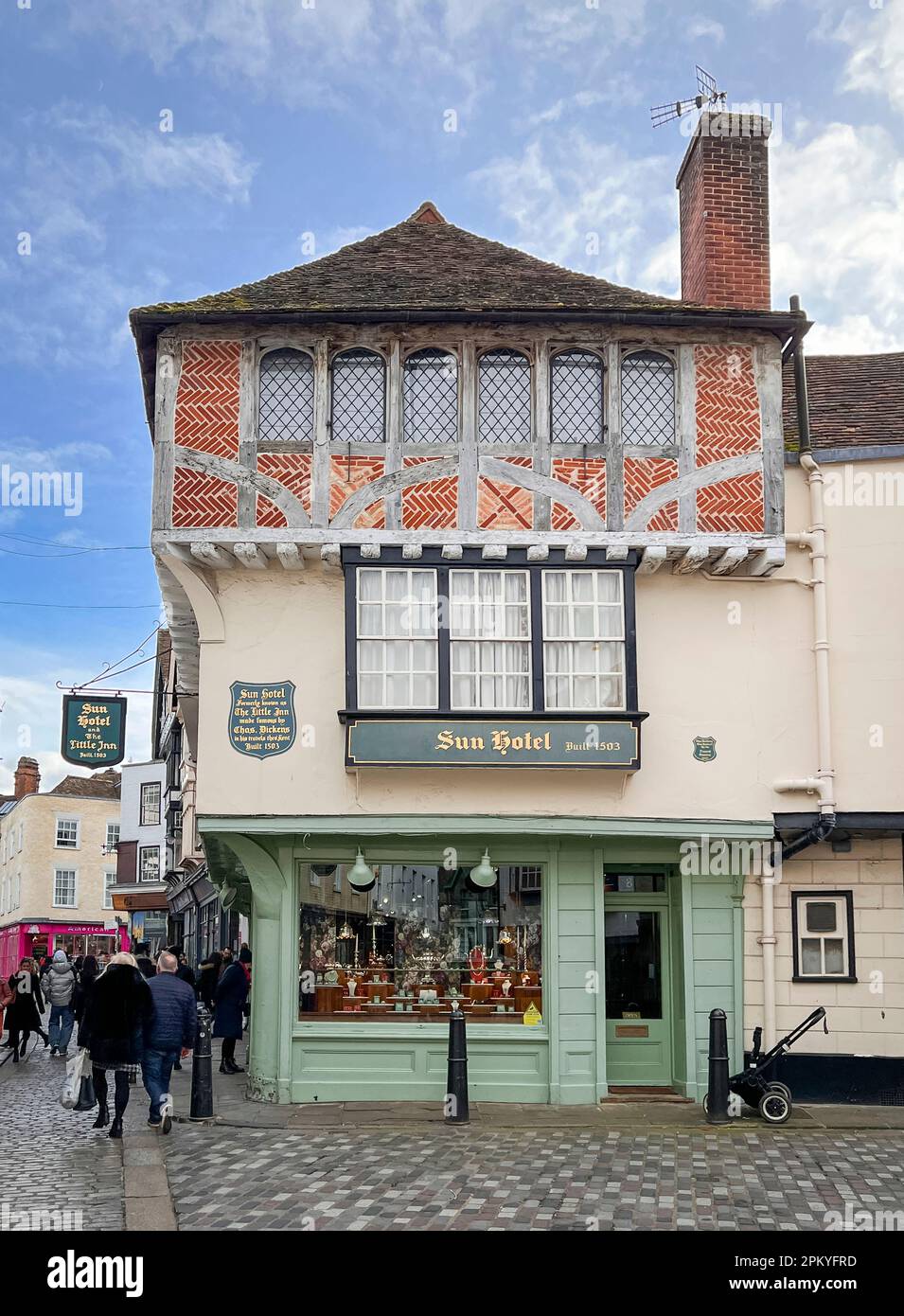 Facad of the Sun Hotel, made famous by Charles Dickens, in the City of ...
