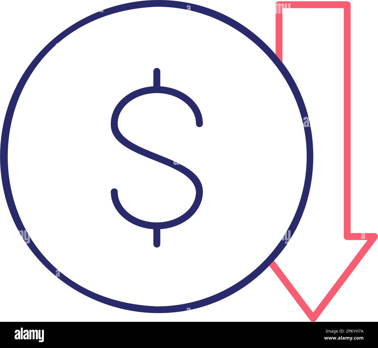Coin with down arrow, money interest rate reduction outline color icon ...