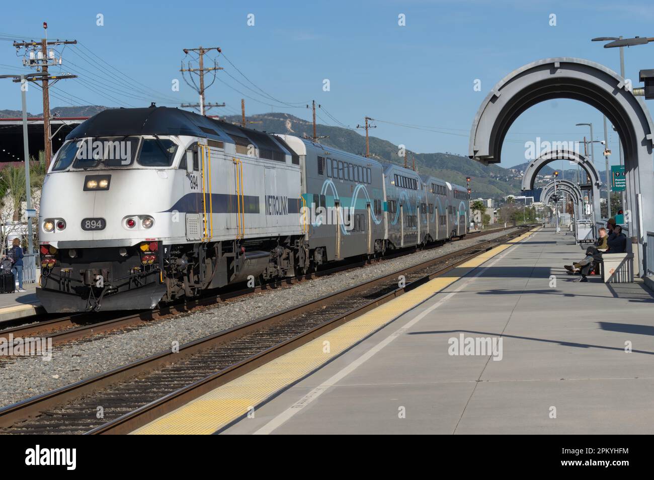 Metrolink train shown during a regular stop at the Burbank Airport ...