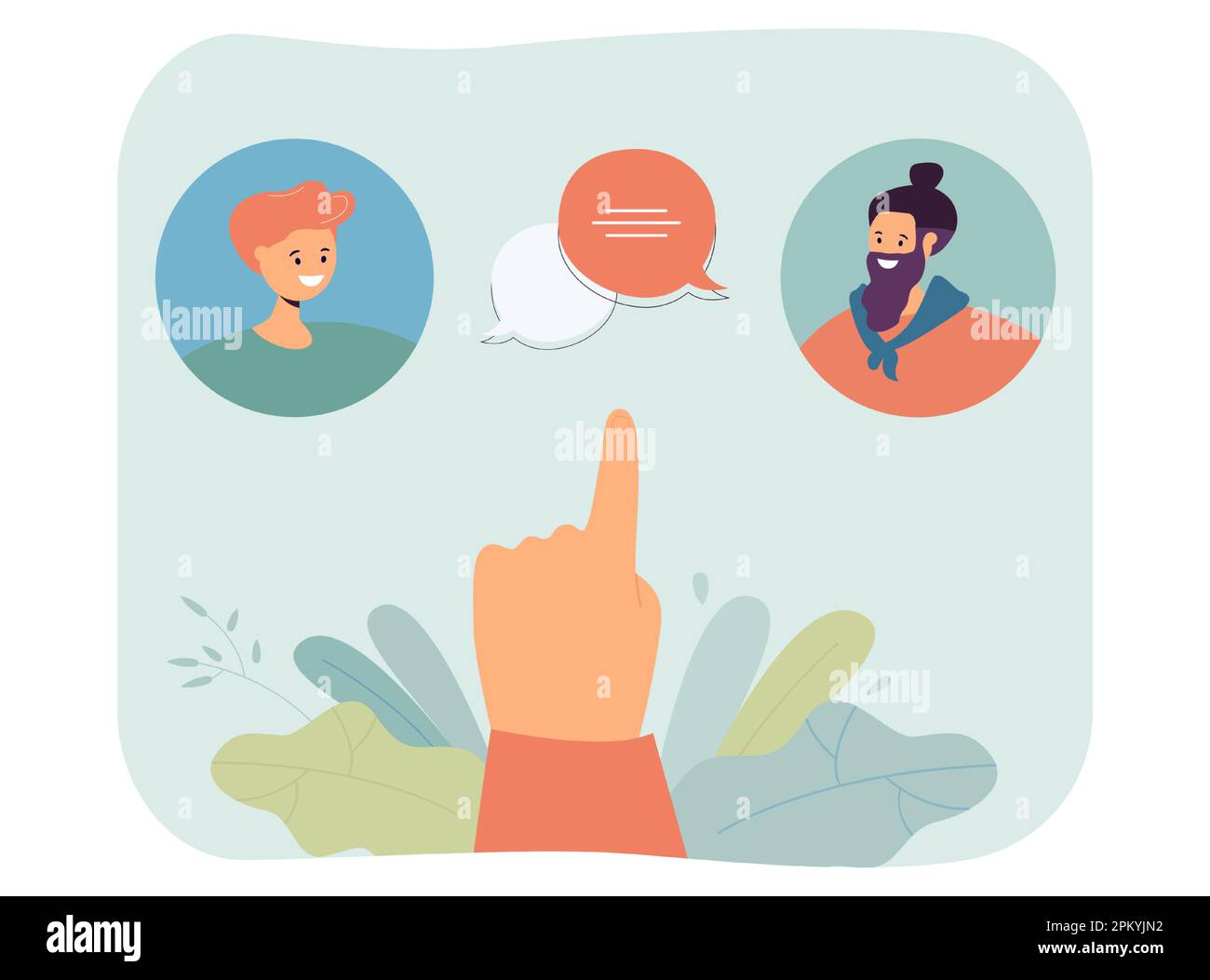 Hand pointing at user profiles flat vector illustration Stock Vector ...