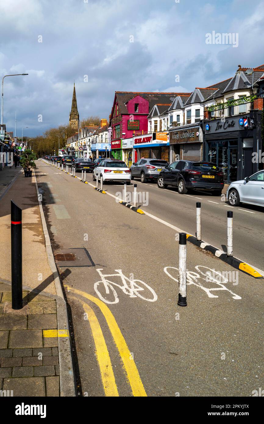 Empty bicycle lane taking up half the space in an urban street. Spring ...