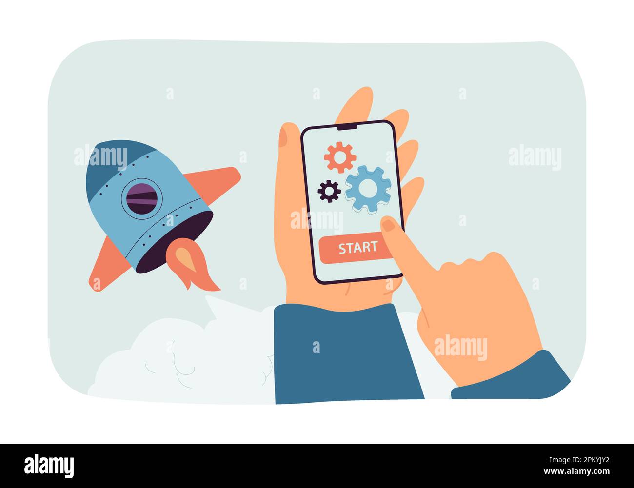 Finger touching start button on phone and launching rocket Stock Vector ...