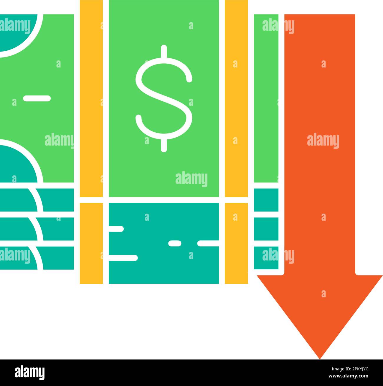 Pile of money banknotes with down arrow, money interest rate reduction ...