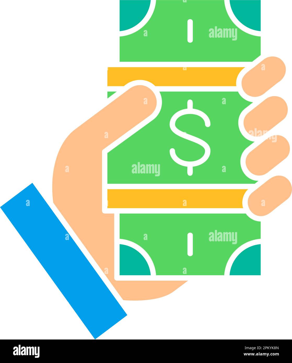 Money banknotes on hand, cash payment white outline icon. Cash payment ...