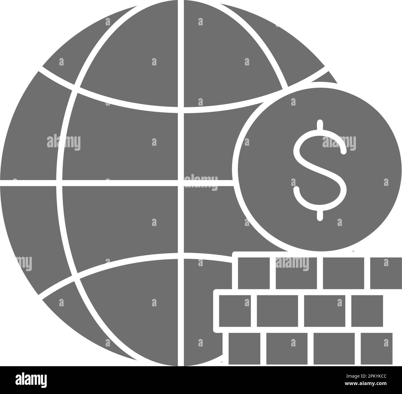 Globe earth with pile of coins grey fill icon. Global technology ...