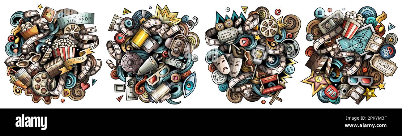 Cinema cartoon vector doodle designs set. Colorful detailed ...