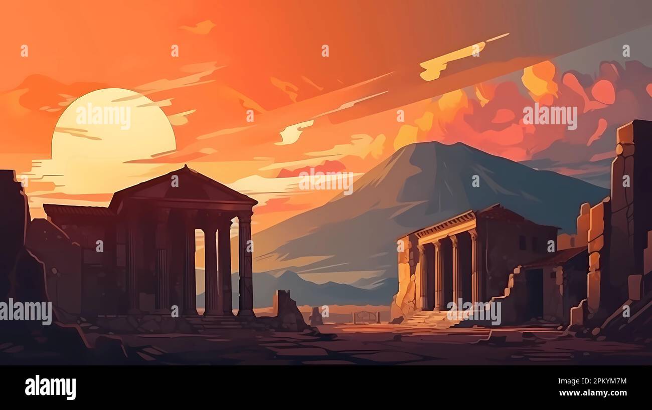 Illustration of a panoramic view of Pompeii and Mount Vesuvius, Italy ...