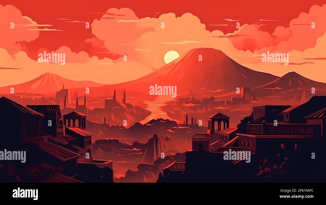 Illustration of a panoramic view of Pompeii and Mount Vesuvius, Italy ...