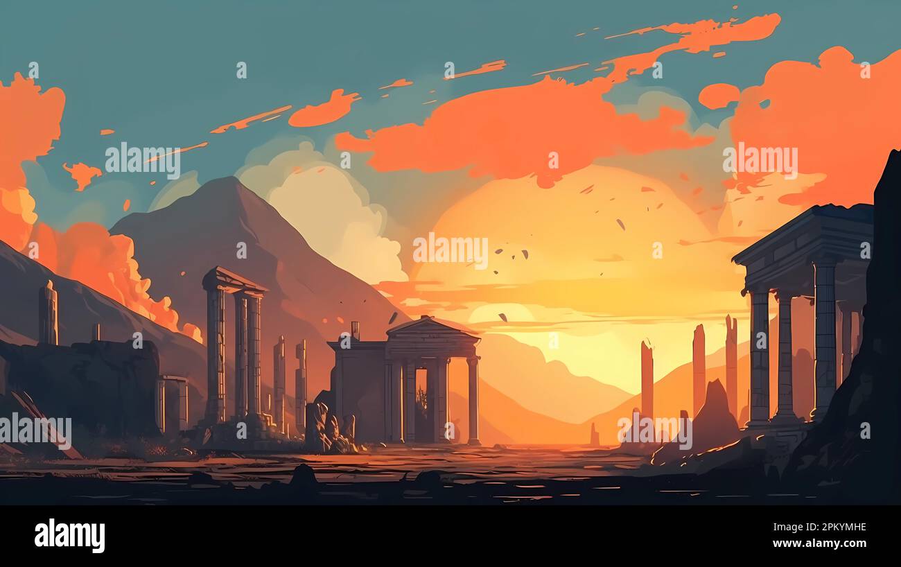 Illustration of a panoramic view of Pompeii and Mount Vesuvius, Italy ...