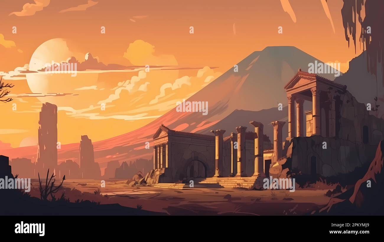 Illustration of a panoramic view of Pompeii and Mount Vesuvius, Italy ...