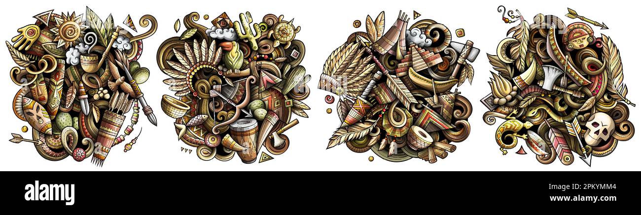 Native American cartoon vector doodle designs set. Colorful detailed ...