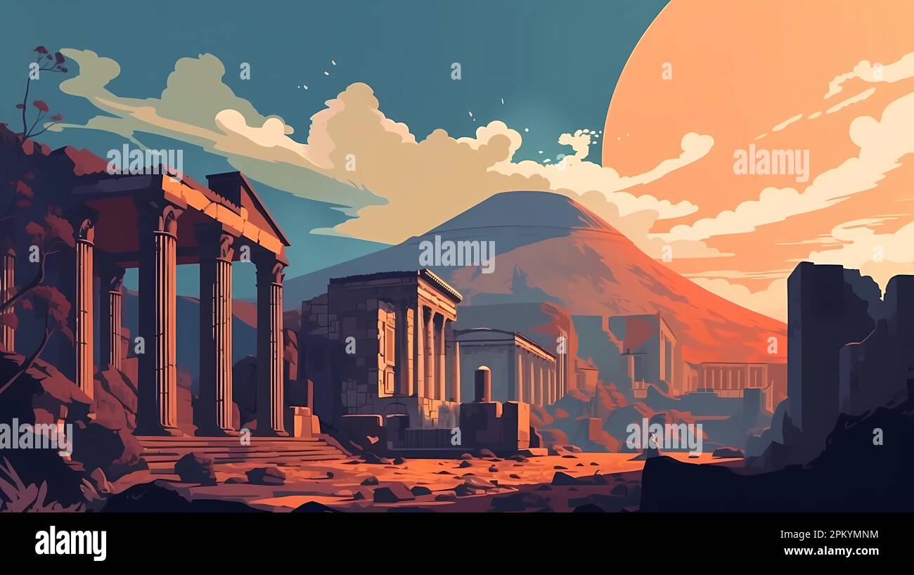 Illustration of a panoramic view of Pompeii and Mount Vesuvius, Italy ...