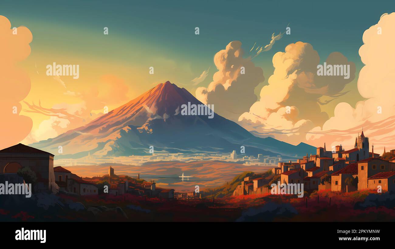 Illustration of a panoramic view of Pompeii and Mount Vesuvius, Italy ...