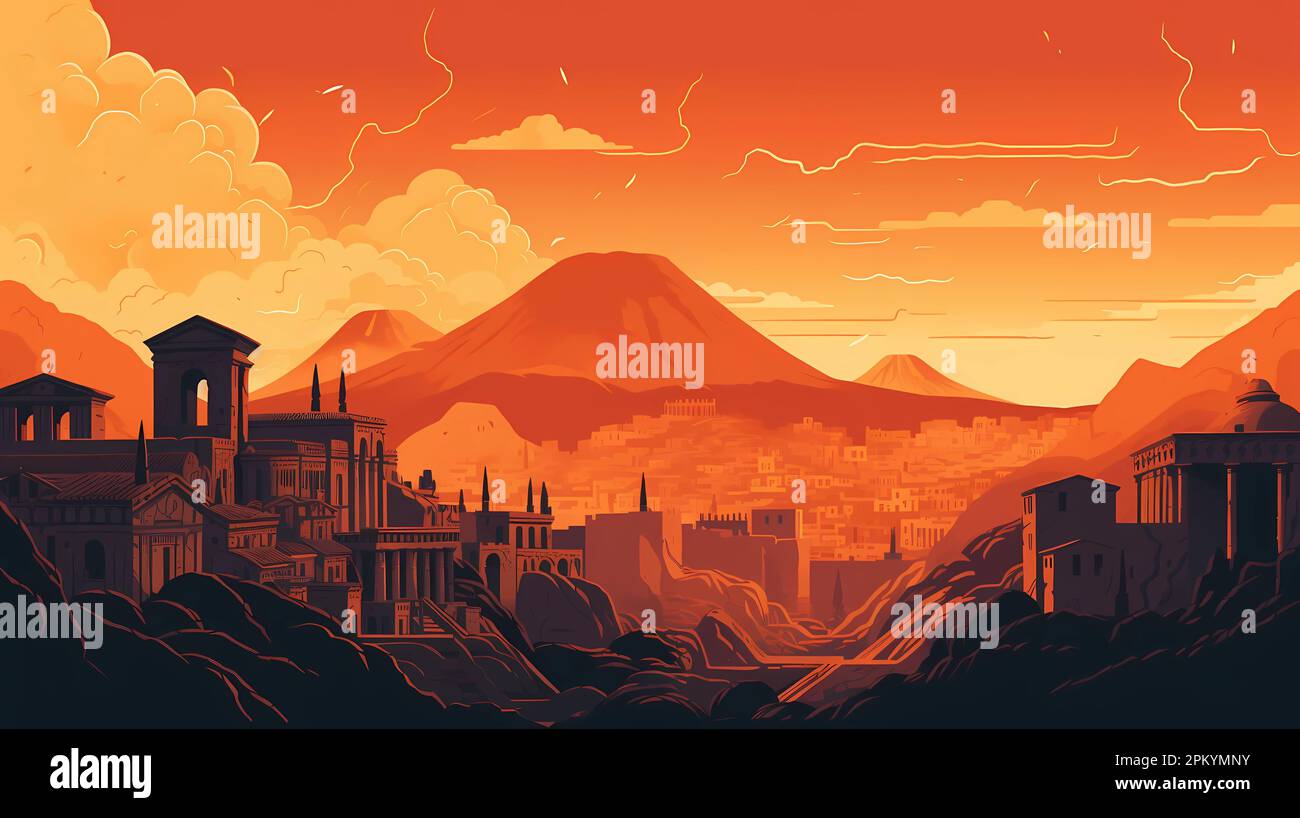 Illustration of a panoramic view of Pompeii and Mount Vesuvius, Italy ...