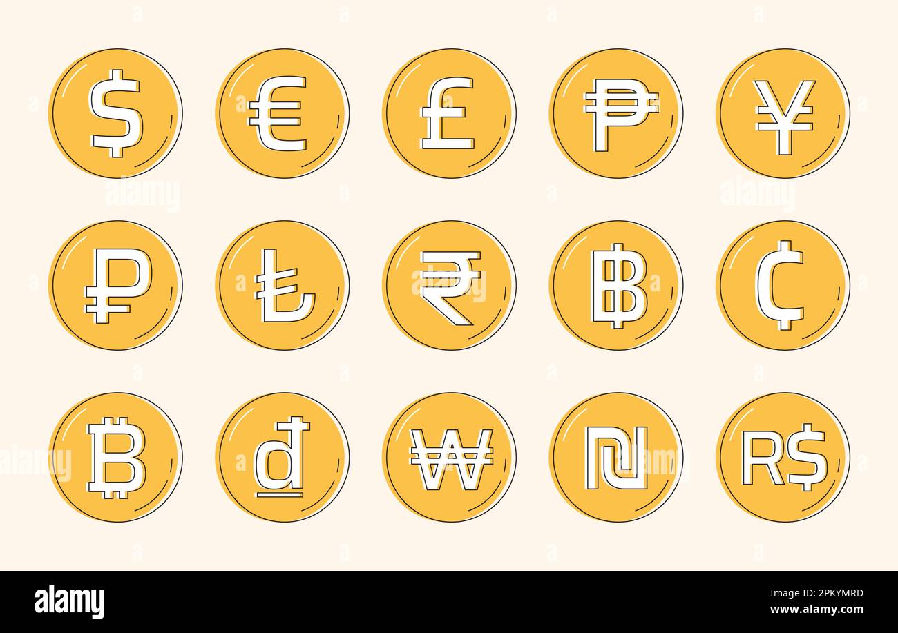 Set of international currency exchange symbols and signs. The most popular coins in the world ...