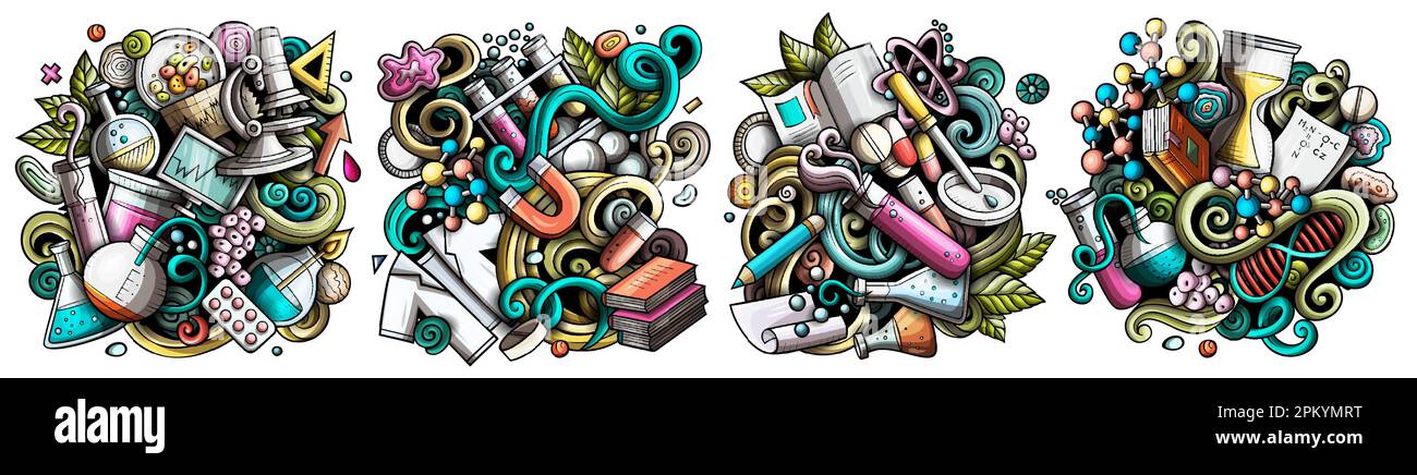 Science cartoon vector doodle designs set. Colorful detailed ...
