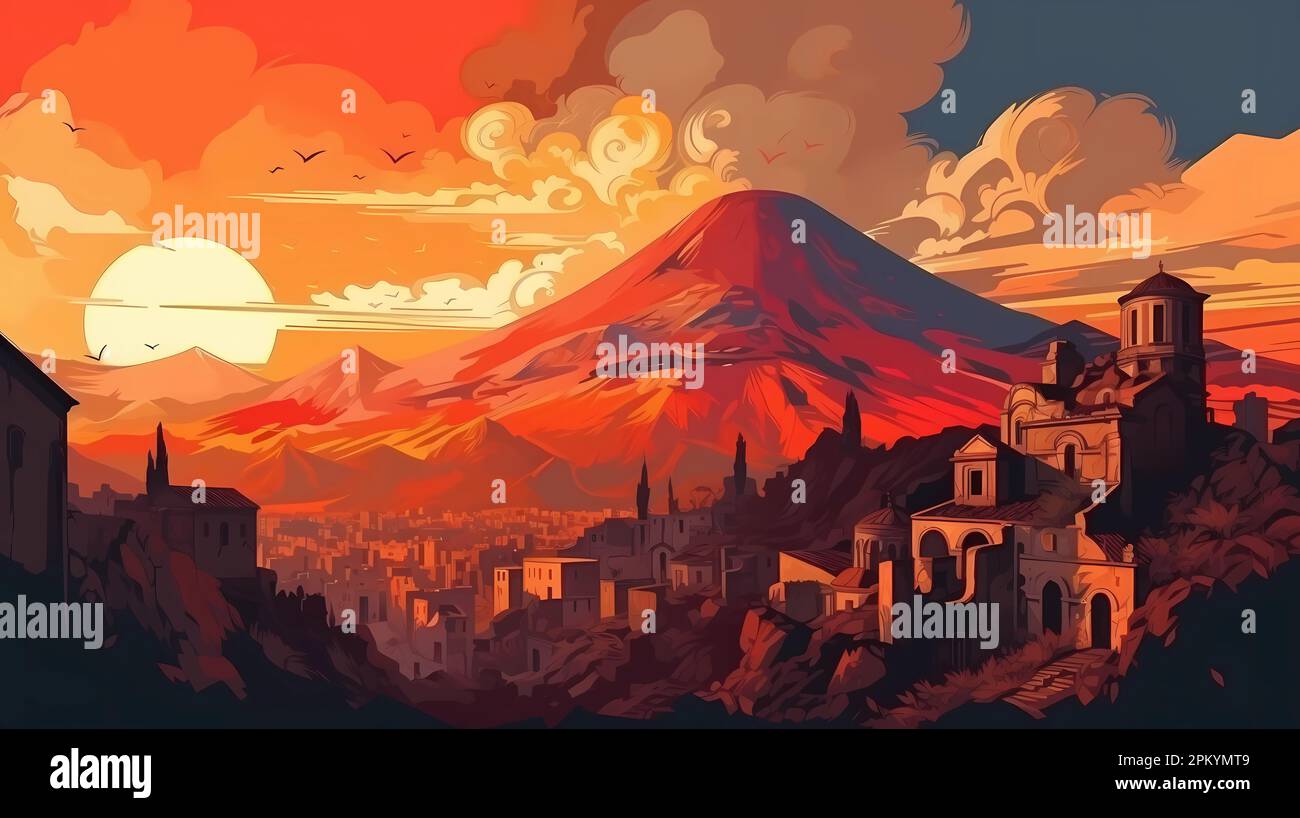 Illustration of a panoramic view of Pompeii and Mount Vesuvius, Italy ...