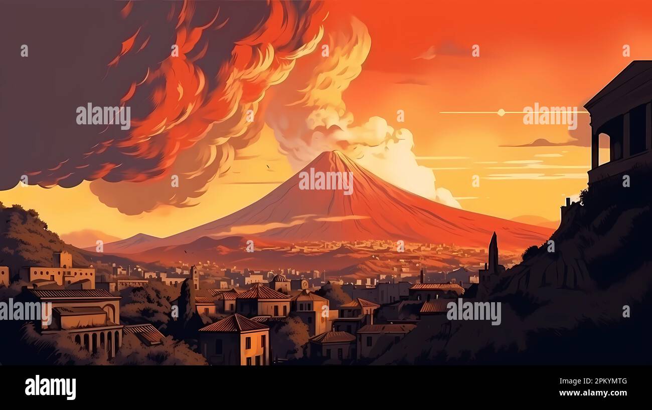 Illustration of a panoramic view of Pompeii and Mount Vesuvius, Italy ...
