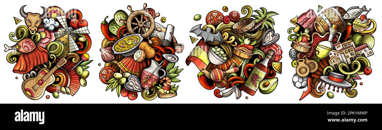 Spain cartoon vector doodle designs set. Colorful detailed compositions ...