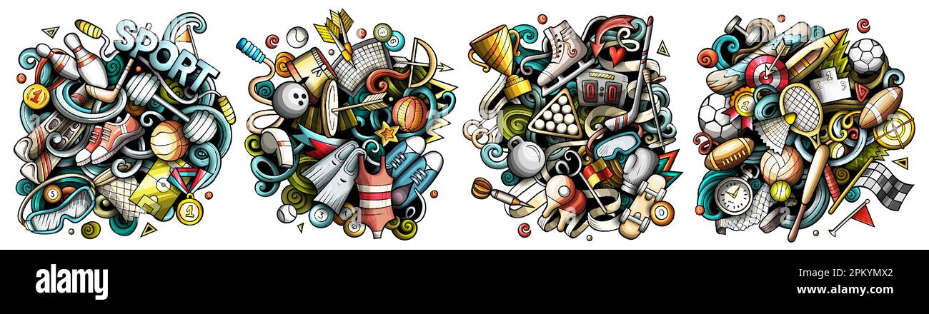 Sports cartoon vector doodle designs set. Colorful detailed ...
