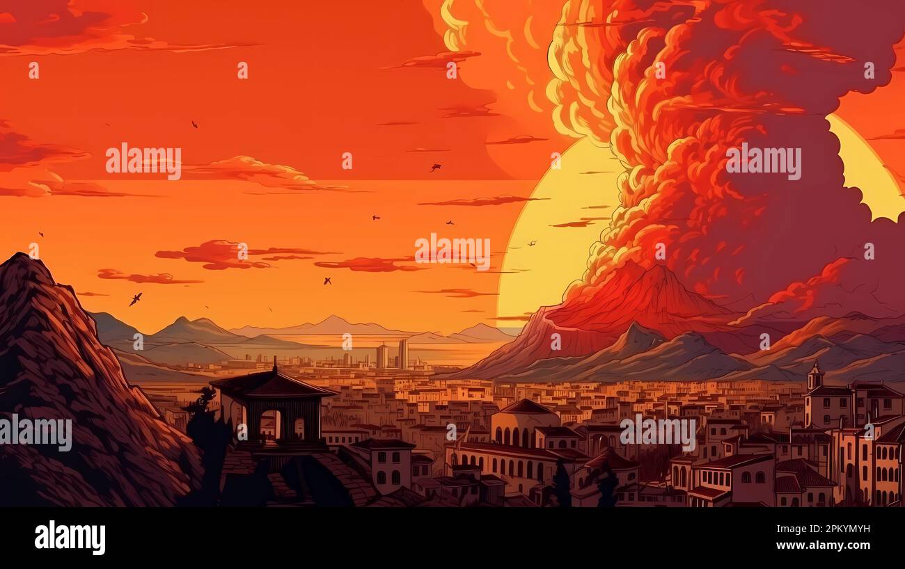 Illustration of a panoramic view of Pompeii and Mount Vesuvius, Italy ...