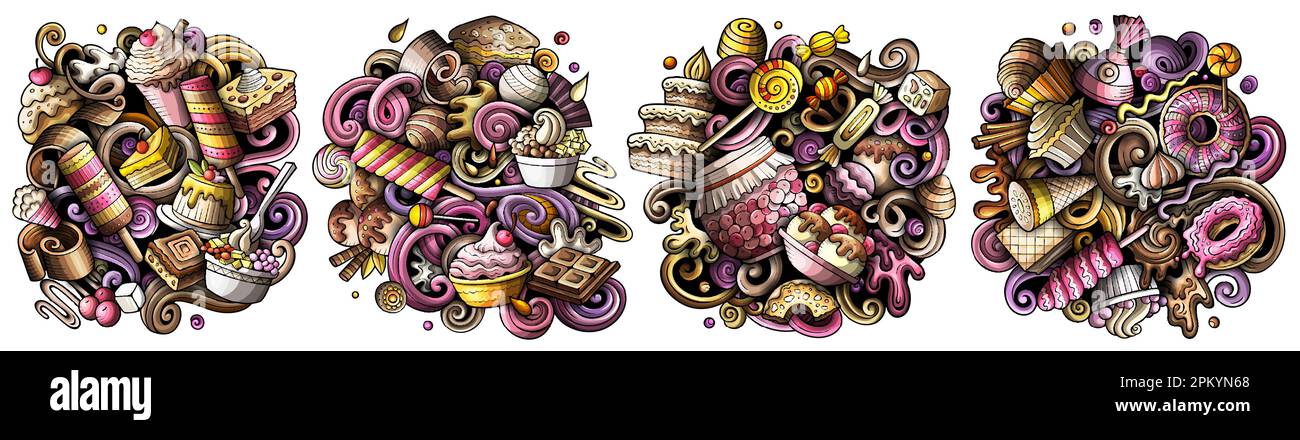 Desserts cartoon vector doodle designs set. Colorful detailed ...