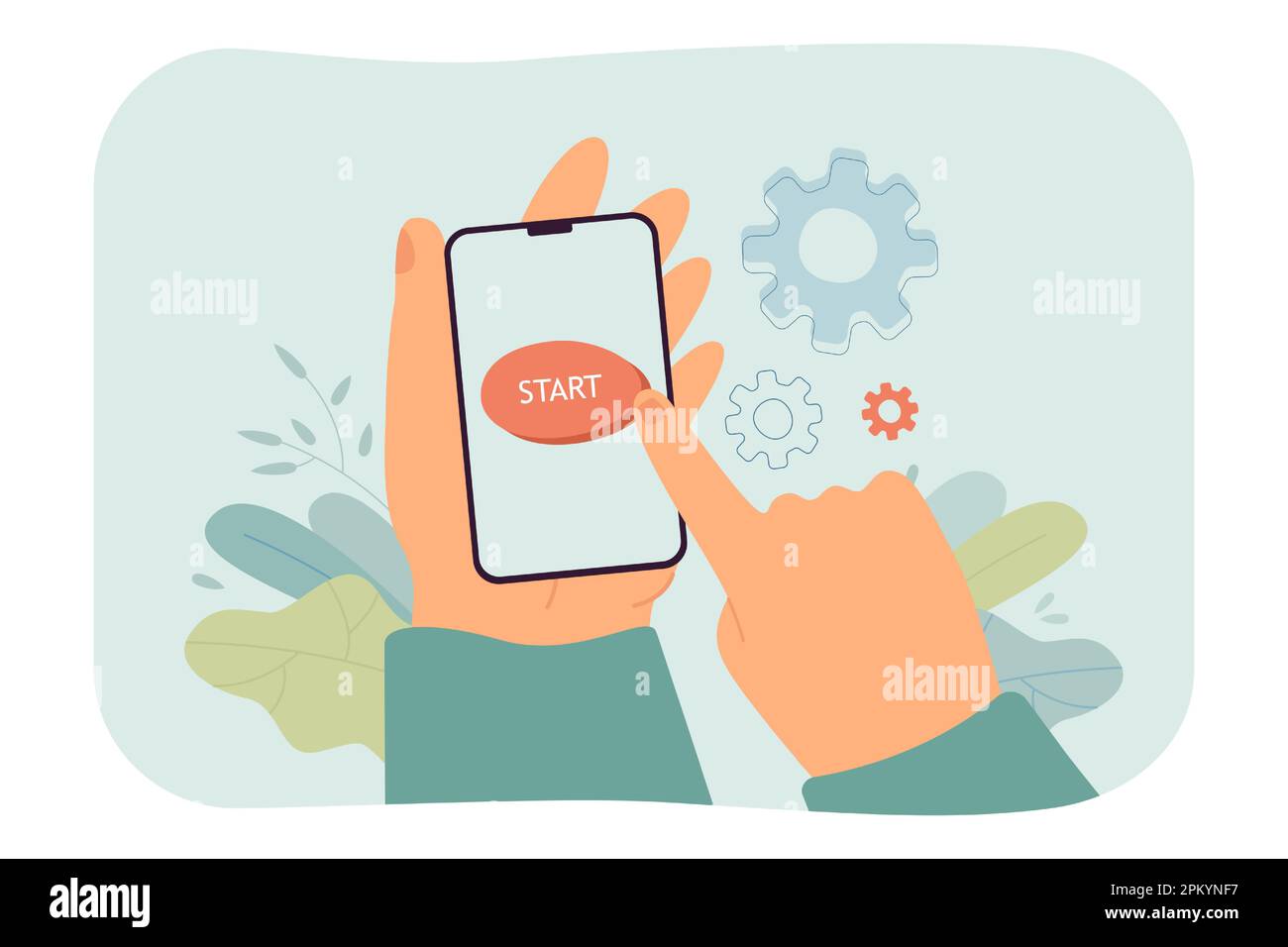 Finger pressing start button on phone flat vector illustration Stock ...