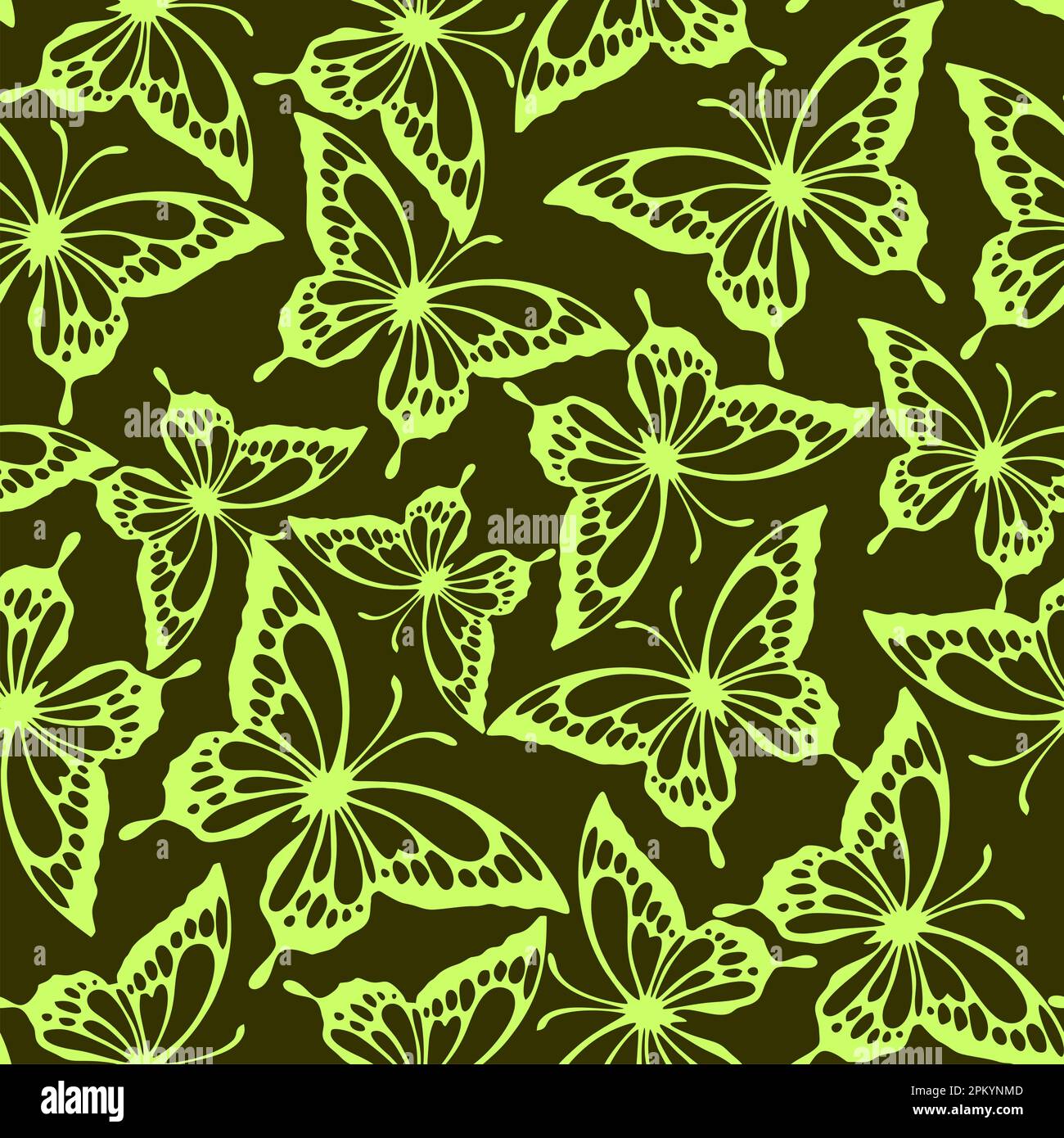 seamless pattern of butterflies olive contours on a green background ...