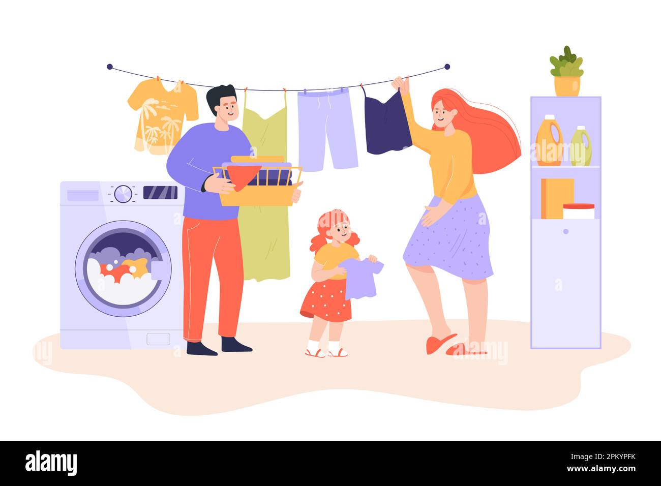Family with kid doing laundry together flat vector illustration Stock Vector Image & Art - Alamy