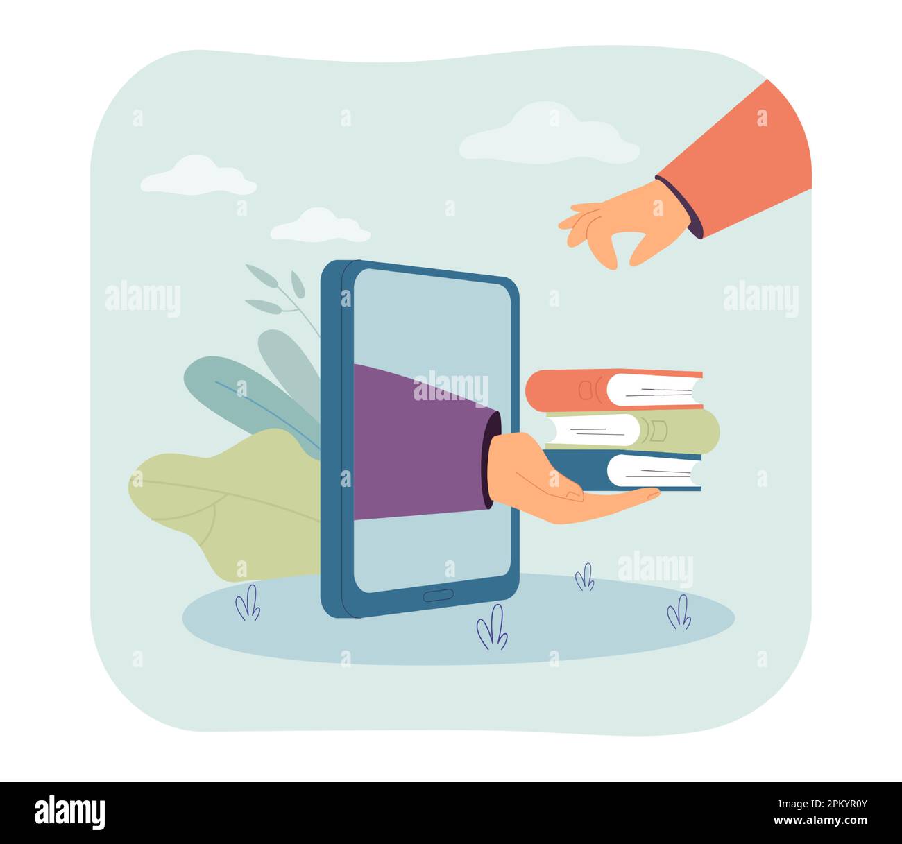 Big hand of teacher with books coming out of phone screen Stock Vector ...