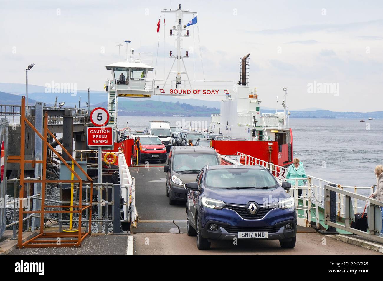 Cars and other vehicles leaving the Sound of Soay, Western Ferries ship ...