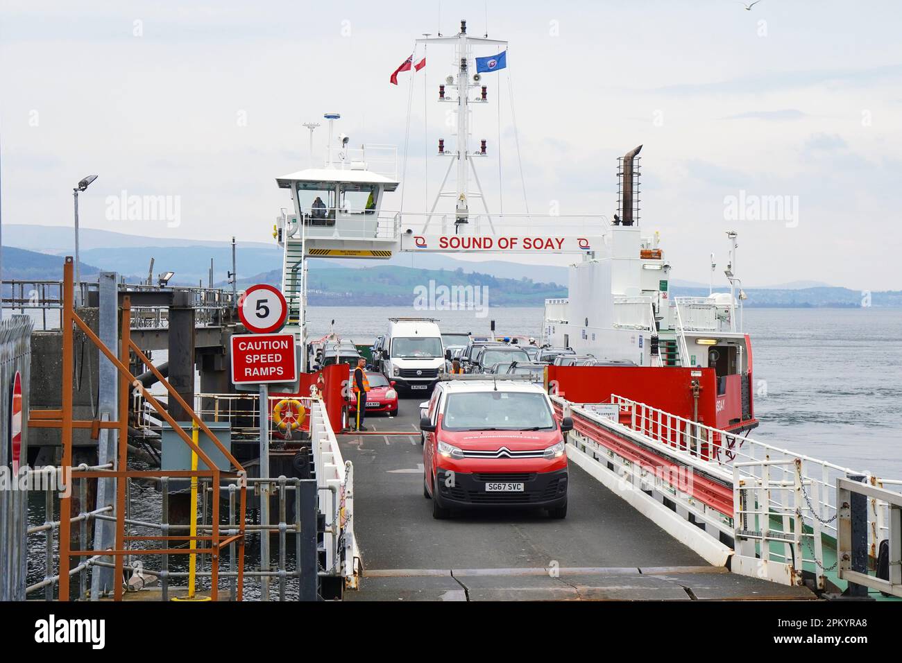 Cars and other vehicles leaving the Sound of Soay, Western Ferries ship ...