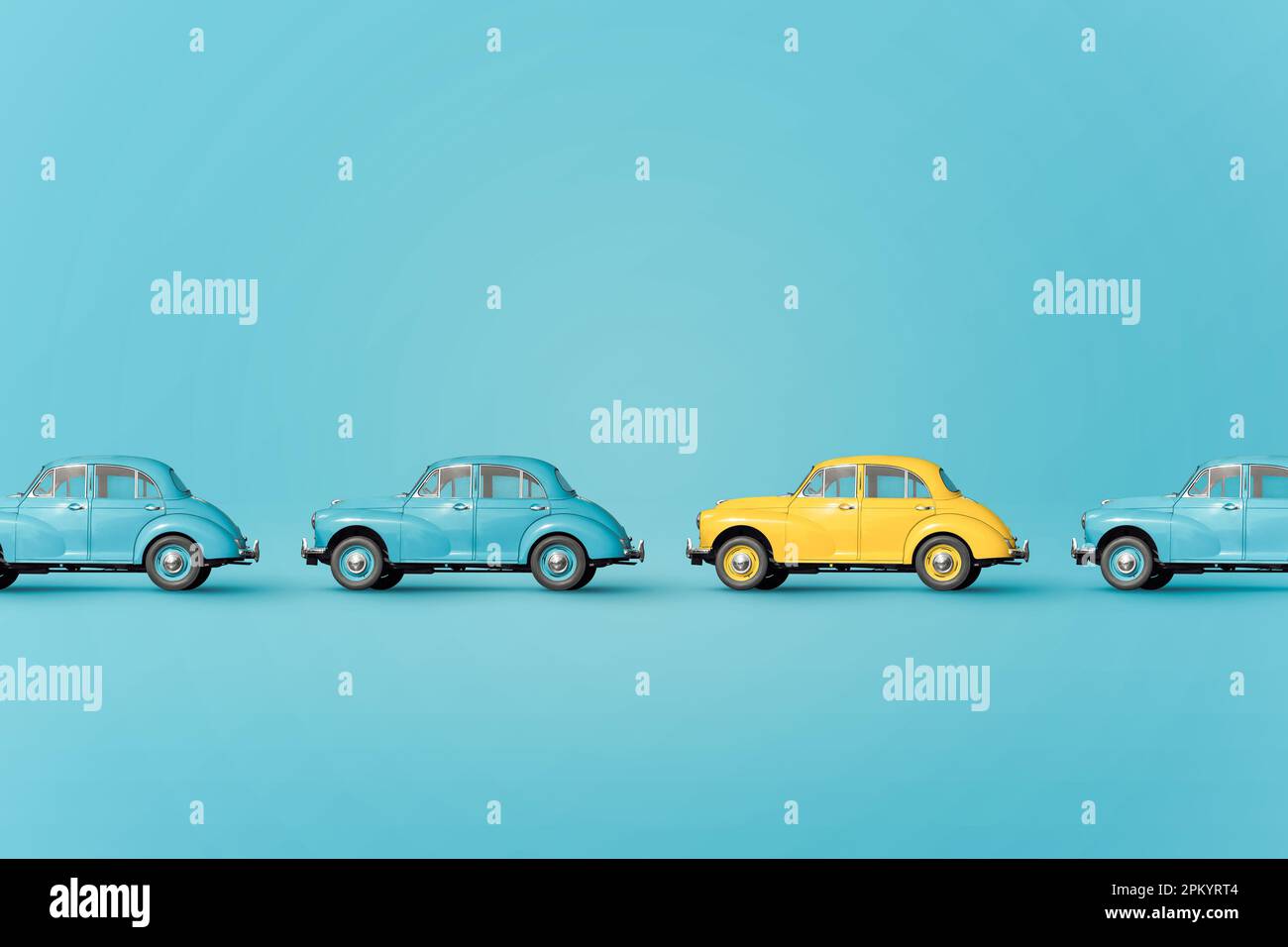 Row of retro blue cars and yellow vintage vehicle parked on turquoise ...